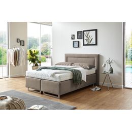 Boxspringbett, beige (feinstrukturstoff dunkelbeige), Liegefl&auml;che B/L: 140cm x 200cm, H2, 7-Zonen-Kaltschaummatratze, Bezug Unterbox und Kopfteil: Feinstrukturstoff (77% Polyester, 23% Viskose);Bezug Obermatratze 100% Polyester, waschbar bis 60C;Bezug Zierkissen Feinstrukturstoff (77% Polyester, 23% Viskose), Westfalia Schlafkomfort, Komplettbetten, Boxspringbett, mit Zierkissen und verchromten Ku