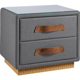 Nachtkommode Birkenstock "Montevideo" Sideboards Gr. B/H/T: 61 cm x 52,5 cm x 45 cm, 2 St., grau (hellgrau cww 29) inklusive Glasplatte, mit Lederlaschen-Griffen, Holzsockel