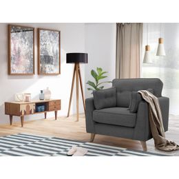 Sessel Home Affaire "Copenhagen", grau, B:92cm H:88cm T:87cm, Struktur weich (100% Polyester);Samtoptik (100% Polyester), Sessel, Einzelsessel, feiner Keder, Kopfheftung im Rücken und Armlehnkissen