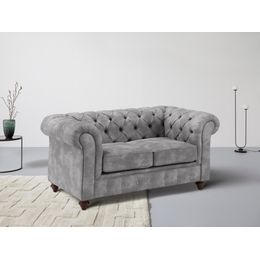 Chesterfield-Sofa Home Affaire "Chesterfield 2-Sitzer B/T/H: 150/89/74 cm", grau (hellgrau), B:150cm H:74cm T:89cm, Struktur (100% Polyester), Sofas, mit hochwertiger Knopfheftung, auch in Leder