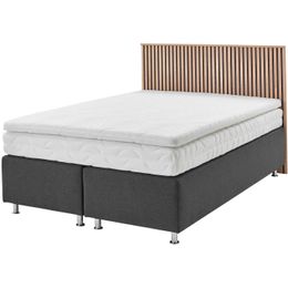 Boxspringbett "Quercus", grau (charcoal), L:206cm, Kopfteil MDF/Dekor Eiche hell, Boxenbezug: Feinstruktur 100% Polyester, Box: Holzwerkstoff mit Bonnellfederung, F&uuml;&szlig;e: verchromtes Metall, Topper: Kaltschaum, Westfalia Schlafkomfort, Komplettbetten, Boxspringbett, wahlweise mit LED-Beluchtung, 3 Matratzenarten zur Auswahl