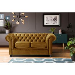 Chesterfield-Sofa Home Affaire "Chesterfield Home 2-Sitzer", gelb (senf), B:152cm H:75cm T:90cm, Luxus-Microfaser Vintageoptik (100% Polyester);Luxus-Microfaser (100% Polyester);Samtvelours (100% Polyester), Sofas, mit edler Knopfheftung und typischen Armlehnen