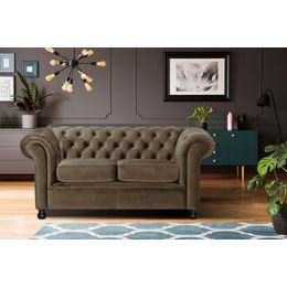 Chesterfield-Sofa Home Affaire "Chesterfield Home 2-Sitzer", grau (taupe), B:152cm H:75cm T:90cm, Luxus-Microfaser Vintageoptik (100% Polyester);Luxus-Microfaser (100% Polyester);Samtvelours (100% Polyester), Sofas, mit edler Knopfheftung und typischen Armlehnen