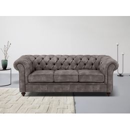 Chesterfield-Sofa Home Affaire "Chesterfield 3-Sitzer B/T/H: 198/89/74 cm", braun (dunkelbraun), B:198cm H:74cm T:89cm, Luxus-Microfaser Lederoptik (100% Polyester), Sofas, mit hochwertiger Knopfheftung, auch in Leder