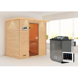 Karibu Sauna ""Sonja" mit bronzierter Tür und Kranz Ofen 9 kW Bio externe Strg" Saunen beige (naturbelassen)