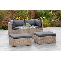 Garten-Essgruppe Merxx "Licosa" Sitzmöbel-Sets Gr. B/H/T: 87 cm x 63,5 cm x 68 cm, Multifunktionsset, beige (naturgrau, grau) 2 Sessel, Hocker, Tisch, mit Auflagen, naturgrau