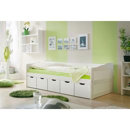 Funktionsbett Ticaa "Maria", weiß (kiefer massiv weiß gewachst), B:96cm H:69cm L:204cm, Daybetten, mit 5 Schubkästen, wahlweise mit Matratze