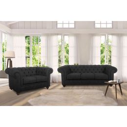Chesterfield-Sofa Home Affaire "Duc 3-Sitzer", grau (anthrazit), B:198cm H:74cm T:89cm, Samtoptik (100% Polyester);Samtoptik (100% Polyester);Luxus-Microfaser Lederoptik (100% Polyester), Sofas, hochwertige Knopfheftung im Rücken, Samtoptik mit changierender Optik
