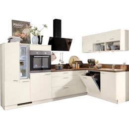 Küchenzeile KOCHSTATION "KS-Scafa, vormontiert, mit höhenverstellbaren Füßen" Komplettküchen-Sets Gr. B/T: 305cm x 60cm, mit E-Geräten-kurzer Schenkel rechts, beige (küche: front: magnolie - qualität win, s. hinweis farbe, korpus: + arbeitsplatte: nussbaumfarben) vormontiert, wahlweise mit E-Geräten, Stellbreite 305 x 185 cm