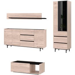 Wohnzimmer-Set Germania "Cantoria" Kastenmöbel-Sets Gr. B/H/T: 396 cm x 206 cm x 53 cm, Türdämpfung-Selbsteinzug der Schubladen-Verstellbare Einlegeböden, schwarz (eiche, schw) mit Sideboard, Wandboard, Vitrine, Couchtisch, griffloses Design