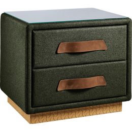 Nachtkommode Birkenstock "Montevideo" Sideboards Gr. B/H/T: 61 cm x 52,5 cm x 45 cm, 2 St., grün (olivgrün cww 33) inklusive Glasplatte, mit Lederlaschen-Griffen, Holzsockel