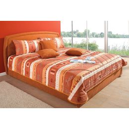 Polsterbett, orange (terrakotta), B:162cm L:212cm, Bezug Bett: Microfaser (100% Polyester);Bonnell-Federkernmatratze: Mischgewebe (51% Polyprophlen, 39% Polyester, 10% Baumwolle);Kaltschaummatratze: Frottee (100% Polyester), Bezug abnehm- und waschbar bis 60C, Westfalia Schlafkomfort, Betten, Polsterbett, mit Bettkasten