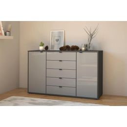 Kombikommode Wiemann "Nizza" Sideboards Gr. B/H/T: 141 cm x 86 cm x 43 cm, 5 St., grau (graphit, dekor, glas kieselgrau) vormontiert, mit Soft-Close und Glasfront