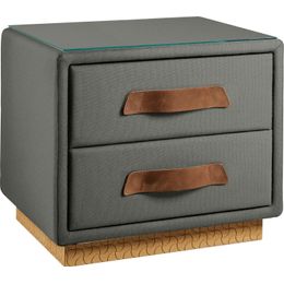 Nachtkommode Birkenstock "Montevideo" Sideboards Gr. B/H/T: 61 cm x 52,5 cm x 45 cm, 2, grau (fenstergrau tbb 28) inklusive Glasplatte, mit Lederlaschen-Griffen, Holzsockel