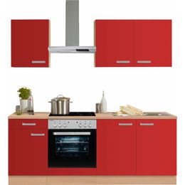 Küchenzeile Optifit "Odense" Komplettküchen-Sets Gr. B/T: 210 cm x 60 cm, rot (küche: rot, korpus: buchefarben, arbeitsplatte: buchefarben) Breite 210 cm, mit 28 mm starker Arbeitsplatte, Besteckeinsatz