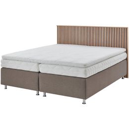 Boxspringbett "Quercus", beige (schwarz, beige), L:206cm, Kopfteil MDF/Dekor Eiche hell, Boxenbezug: Feinstruktur 100% Polyester, Box: Holzwerkstoff mit Bonnellfederung, F&uuml;&szlig;e: verchromtes Metall, Topper: Kaltschaum, Westfalia Schlafkomfort, Komplettbetten, Boxspringbett, wahlweise mit LED-Beluchtung, 3 Matratzenarten zur Auswahl