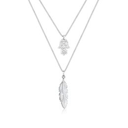 Gliederkette Elli "Layer Feder Hamsa Kristalle 925 Silber" Halsketten Gr. 45, ohne Stein, Silber 925 (Sterlingsilber), Länge: 45 cm, silberfarben (silber) Damen