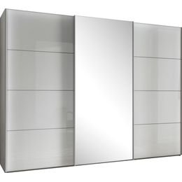 Schwebetürenschrank Wiemann "Kos" Schränke Gr. B/H/T: 278,9 cm x 236 cm x 67 cm, 3 St., grau (kieselgrau, dekor, glas weiß, kristallspiegel) mit Spiegeltür und Schattenfuge