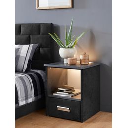 Nachtkonsole Westfalia Schlafkomfort "Brilon" Sideboards Gr. B/H/T: 45 cm x 53 cm x 45 cm, Mit LED-Beleuchtung, 1 St., Microvelours, schwarz (schwarz, schieferoptik anthrazit) wahlweise mit indirekter LED-Beleuchtung