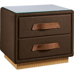 Nachtkommode Birkenstock "Montevideo" Sideboards Gr. B/H/T: 61cm x 52,5cm x 45cm, 2 St., braun (dunkelbraun cww 24) inklusive Glasplatte, mit Lederlaschen-Griffen, Holzsockel