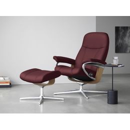 Fußhocker stressless "Consul", rot (bordeaux batick), B:54cm H:41cm T:39cm, Leder BATICK: BATICK ist ein leicht korrigiertes, durchgefärbtes und genarbtes Möbelleder, bei dem die meisten Unebenheiten und Spuren in der Regel entfernt wurden., Hocker, mit Cross Base, Größe S, M & L, Holzakzent Eiche