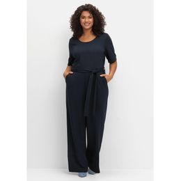 Jumpsuit sheego by Joe Browns "Große Größen" Gr. 46, Normalgrößen, blau (tiefblau) Damen Overalls mit Bindegürtel und weitem Bein