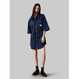 Jeanskleid Calvin Klein Jeans "UTILITY BELTED SHIRT DRESS" Gr. L (40), N-Gr, blau (denim dark) Damen Kleider Jeanskleider mit Logopatch