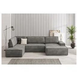 Wohnlandschaft Home Affaire "SHERWOOD XXL 329 cm, U-Form, Schlafsofa" Sofas Gr. B/H/T: 329 cm x 85 cm x 195 cm, Vintage, Recamiere rechts, grau (dunkelgrau) Schlaffunktion m. Bettkasten (194x139 cm), Cord, Vintage, Samtvelours