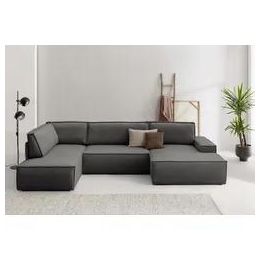 Wohnlandschaft Home Affaire "SHERWOOD XXL 329 cm, U-Form, Schlafsofa" Sofas Gr. B/H/T: 329 cm x 85 cm x 195 cm, Samtvelours, Recamiere rechts, grau (charcoal) Schlaffunktion m. Bettkasten (194x139 cm), Cord, Vintage, Samtvelours