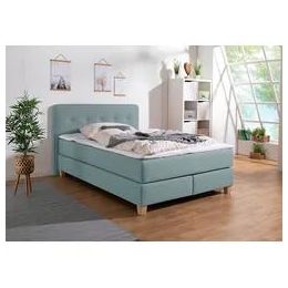 Boxspringbett Home Affaire "Fargo" Komplettbetten Gr. Struktur fein, Liegefläche B/L: 140cm x 220cm Betthöhe: 50cm, H3, 7-Zonen-Tonnentaschen-Federkernmatratze, blau (petrol) in Überlänge 220 cm, mit Topper, 3 Ausführungen, 4, Breiten