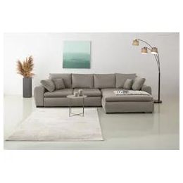 Ecksofa Home Affaire "Cara Mia L-Form" Sofas Gr. B/H/T: 325cm x 87cm x 183cm, Samtvelours, Recamiere beidseitig montierbar, mit Bettfunktion und Bettkasten, grau (taupe) wahlweise mit Bettfunktion und Bettkasten, Massivholzfüße