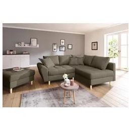 Ecksofa Home Affaire "Rice L-Form" Sofas Gr. B/H/T: 223 cm x 47 cm x 184 cm, Struktur fein, Ottomane beidseitig montierbar, braun (macchiato) mit Bonnellfederkern, Hocker & Kissen, Ottomane beidseitig montierbar