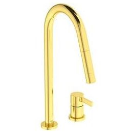 Ideal Standard Gusto Küchen-2-Loch-Armatur BD424A2 brushed gold, mit hohem Rohrauslauf und herausziehbarer 2-Funktionshandbrause