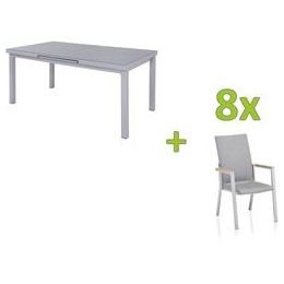 Kettler Rasmus Dining-Set, Silber/Grau, Aluminium/Sicherheitsglas/Teak, Tisch 180/240x100 cm, 8x Sessel, Stapelbar, Ausziehbar