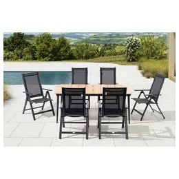 OUTFLEXX Garten-Essgruppe, anthrazit matt, Alu/Teak/Textil, 185 x 100 cm, 6 Multipositionssessel