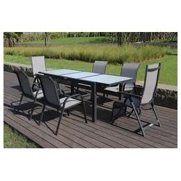 Villana Garten-Essgruppe, anthrazit/grau, Alu/Textilene, Ausziehtisch 160/220 x 90 cm, 2 Relaxsessel, 4 Sessel, stapelbar