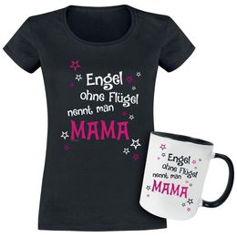Familie & Freunde Geschenkbox - Geschenkset - T-shirt + Tasse Engel ohne Fl&uuml;gel nennt man Mama T-Shirt schwarz in L FOTL Iconic 150 + printed Cup