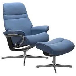 Relaxsessel stressless "Sunrise" Sessel Gr. Material Bezug, Material Gestell, Ausführung / Funktion, Maße B/H/T, blau (lazuli blau) mit Hocker, Cross Base, Größe S, M & L, Holzakzent Schwarz