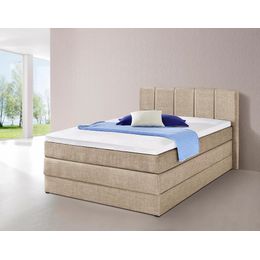Boxspringbett Hapo, beige, Kopfteil, seitliche Unterbox und Obermatratze sind mit pflegeleichtem Feinstrukturstoff in Leinenoptik (100% Polyester)
