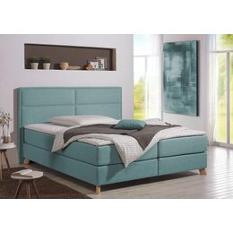 Boxspringbett Home Affaire "Caria", blau (petrol), B:151cm L:209cm, Strukturstoff-Bezug (100% Polyester);Topperbezug 100% Polyester, Komplettbetten, Boxspringbett, in 5 Breiten, 3 Matratzen-Ausf&uuml;hrungen, 2 H&auml;rtegraden, Topper