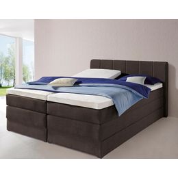 Boxspringbett Hapo, braun, Liegefläche B/L: 180cm x 200cm, kein Härtegrad, Bonnell-Federkernmatratze, Kopfteil, seitliche Unterbox und Obermatratze sind mit pflegeleichtem Feinstrukturstoff in Leinenoptik (100% Polyester) bezogen;Die Oberseite der Unterfederung und die Ober- und Unterseite der Obermatratze sind jeweils mit einem rutschhemmenden Stoff aus 100% Polyester bespannt., Komplettbetten, B