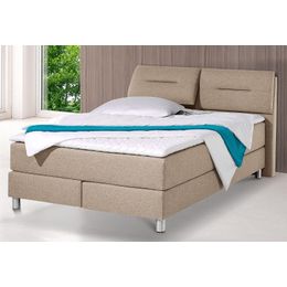 Boxspringbett Maintal, beige, Strukturstoff, Liegefl&auml;che B/L: 140cm x 200cm, H3, 7-Zonen-Kaltschaummatratze, Bezug bei beige, anthrazit und hellgrau: pflegeleichter Strukturstoff (100% Polyester);Bezug bei wei&szlig; und schwarz: Kunstleder (100% Polyurethan);Spiegelfl&auml;che der Matratzen: Material angeben (100% Polyester), Komplettbetten, Boxspringbett, inkl. Topper