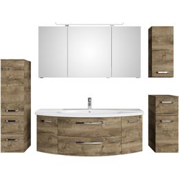 Badmöbel-Set SAPHIR "Serie 4010 5-teilig Keramik-Waschtisch mit LED-Spiegelschrank" Kastenmöbel-Sets Gr. B/H/T: 204 cm x 200 cm x 49,5 cm, braun (eiche ribbeck quer nachbildung) Bad Set mit Unterschrank, Hängeschrank, Midischrank, inkl. Türdämpfer