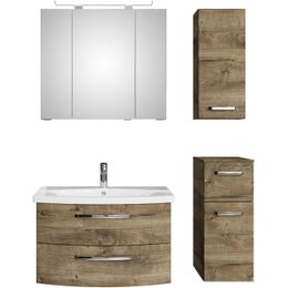 Badmöbel-Set SAPHIR "Serie 4010 4-teilig Keramik-Waschtisch mit LED-Spiegelschrank" Kastenmöbel-Sets Gr. B/H/T: 114cm x 200cm x 45cm, braun (eiche ribbeck quer nachbildung) Badezimmer Set mit Unterschrank, Hängeschrank, inkl. Türdämpfer