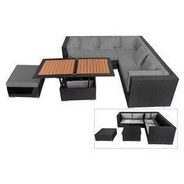 OUTFLEXX Loungemöbel-Set, schwarz, Polyrattan, 6 Personen, wasserfeste Kissenbox, inkl. Loungetisch