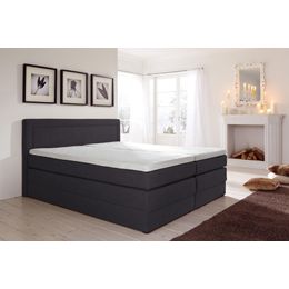Boxspringbett Hapo, grau (anthrazit), Liegefläche B/L: 200cm x 200cm, kein Härtegrad, 7-Zonen-Tonnentaschen-Federkernmatratze, Kopfteil, seitliche Unterbox und Obermatratze sind mit pflegeleichtem Feinstrukturstoff in Leinenoptik (100% Polyester) bezogen;Die Oberseite der Unterfederung und die Ober- und Unterseite der Obermatratze sind jeweils mit einem rutschhemmenden Stoff aus 100% Polyester bes