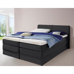 Boxspringbett Hapo, schwarz (schwarz, kunstleder), Liegefläche B/L: 200cm x 200cm, kein Härtegrad, Bonnell-Federkernmatratze, Kopfteil, seitliche Unterbox und Obermatratze sind mit pflegeleichtem Feinstrukturstoff in Leinenoptik (100% Polyester) oder Kunstleder bezogen;Die Oberseite der Unterfederung und die Ober- und Unterseite der Obermatratze sind jeweils mit einem rutschhemmenden Stoff aus 100