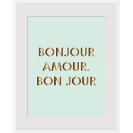 Bild queence "BONJOUR" Bilder Gr. B/H: 50 cm x 70 cm, Wandbild Sprüche & Texte Hochformat, grün (gold, mint) Spruch, gerahmt