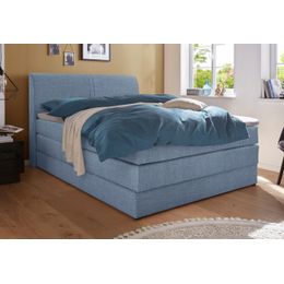 Boxspringbett Hapo, blau (hellblau, strukturstoff), Liegefläche B/L: 140cm x 200cm, kein Härtegrad, 7-Zonen-Kaltschaummatratze, Kopfteil, seitliche Unterbox und Obermatratze sind mit pflegeleichtem Feinstrukturstoff in Leinenoptik (100% Polyester) oder Kunstleder bezogen;Die Oberseite der Unterfederung und die Ober- und Unterseite der Obermatratze sind jeweils mit einem rutschhemmenden Stoff aus 1