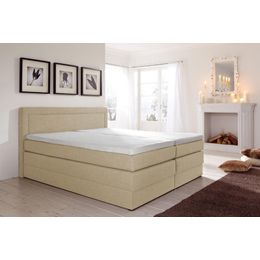 Boxspringbett Hapo, beige, Liegefläche B/L: 140cm x 200cm, kein Härtegrad, 7-Zonen-Kaltschaummatratze, Kopfteil, seitliche Unterbox und Obermatratze sind mit pflegeleichtem Feinstrukturstoff in Leinenoptik (100% Polyester) bezogen;Die Oberseite der Unterfederung und die Ober- und Unterseite der Obermatratze sind jeweils mit einem rutschhemmenden Stoff aus 100% Polyester bespannt., Komplettbetten, 